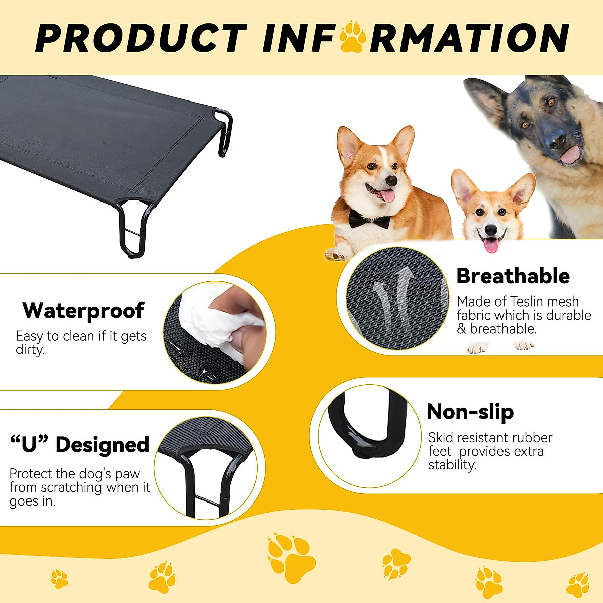 grageoo Outdoor Elevated Dog Bed,Cooling Raised Dog Cot Bed for Large Dogs,Pet Bed Waterproof with Stable Frame,Breathable Recyclable Mesh,Up to 85 lbs,Black