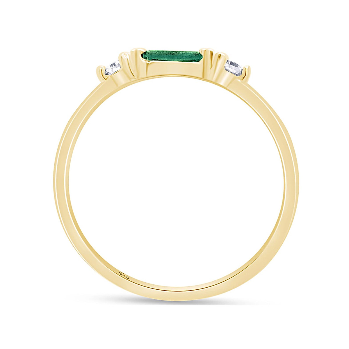 AFFY Baguette Cut Simulated Emerald And White Cubic Zirconia In 14K Yellow Gold Plated 925 Sterling Silver Three Stone Design Bridal Engagement Wedding Ring Jewelry For Women Size -6