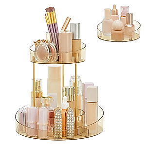 SONGMICS Makeup Organizer, 2-Tier Round Rotating Skincare Organizer, Extra Top Tray Included, Customizable, Large Capacity, Toiletries Vanity Organizer, Champagne Gold UJKA027A01