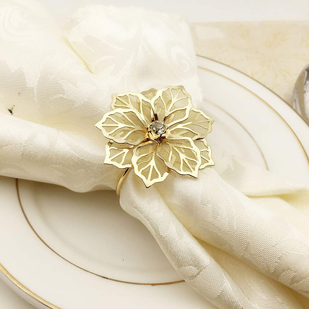 NAGU Flower Napkin Rings Set of 6, Hollow Out Floral Napkin Holder Adornment Exquisite Household Napkins Rings Set Rhinestone Napkin Rings for Wedding Banquet Christmas Table Setting (Gold)