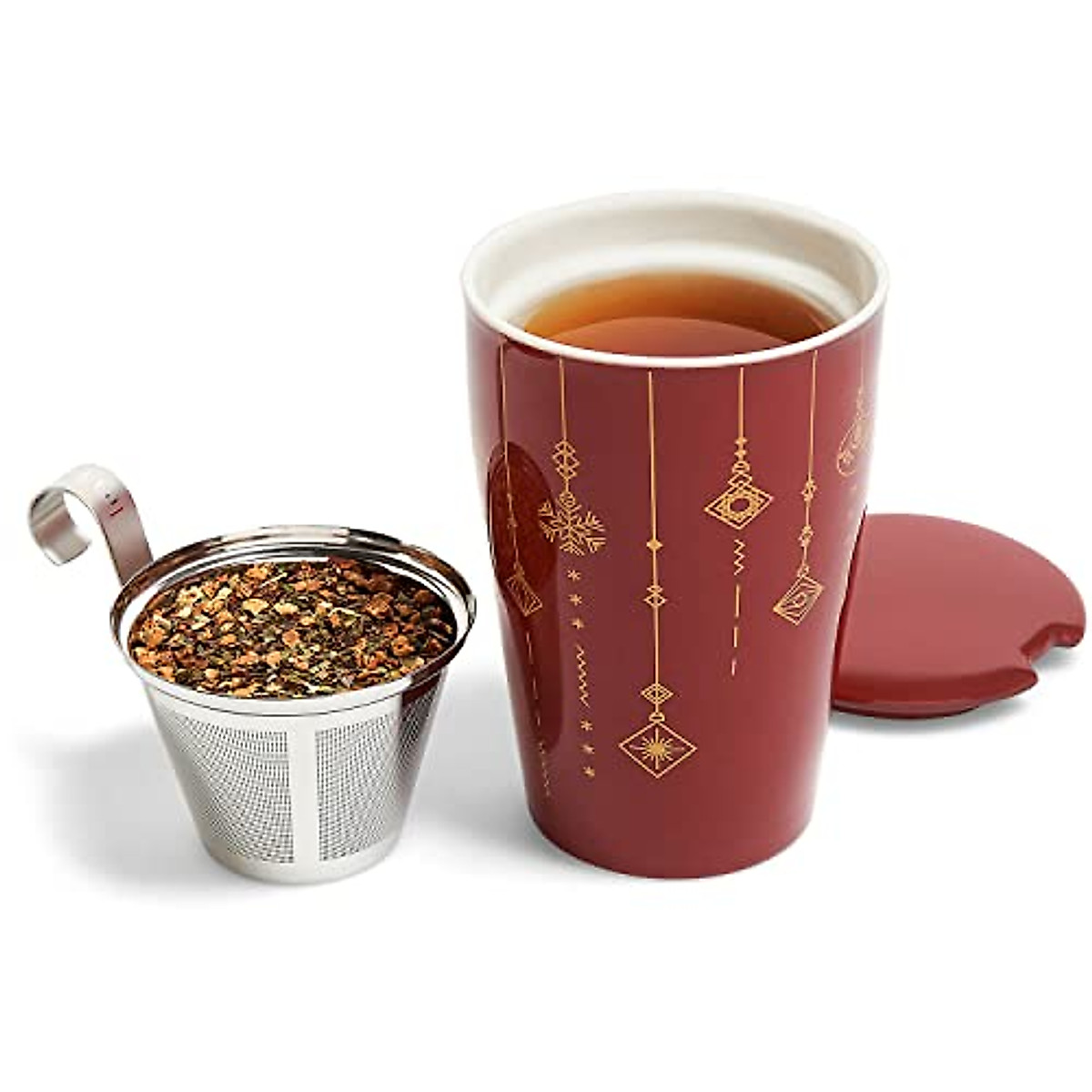 Tea Forte Warming Joy Kati Cup, Ceramic Loose Leaf Tea Infuser Cup with Basket and Lid, 12oz Double Walled Tumbler with Stainless Steel Influser and Gift Box