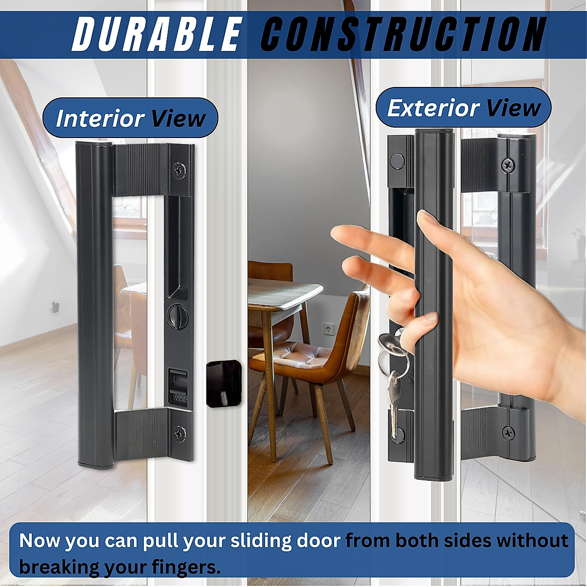T-HAKEN Sliding Glass Door Replacement with Handles on Both Sides, 6-5/8 Black - Patio Door Handle Set That is 1 in. to 1-1/8 in. Thick Used on Both Left and Right-Handed. (Keyed)