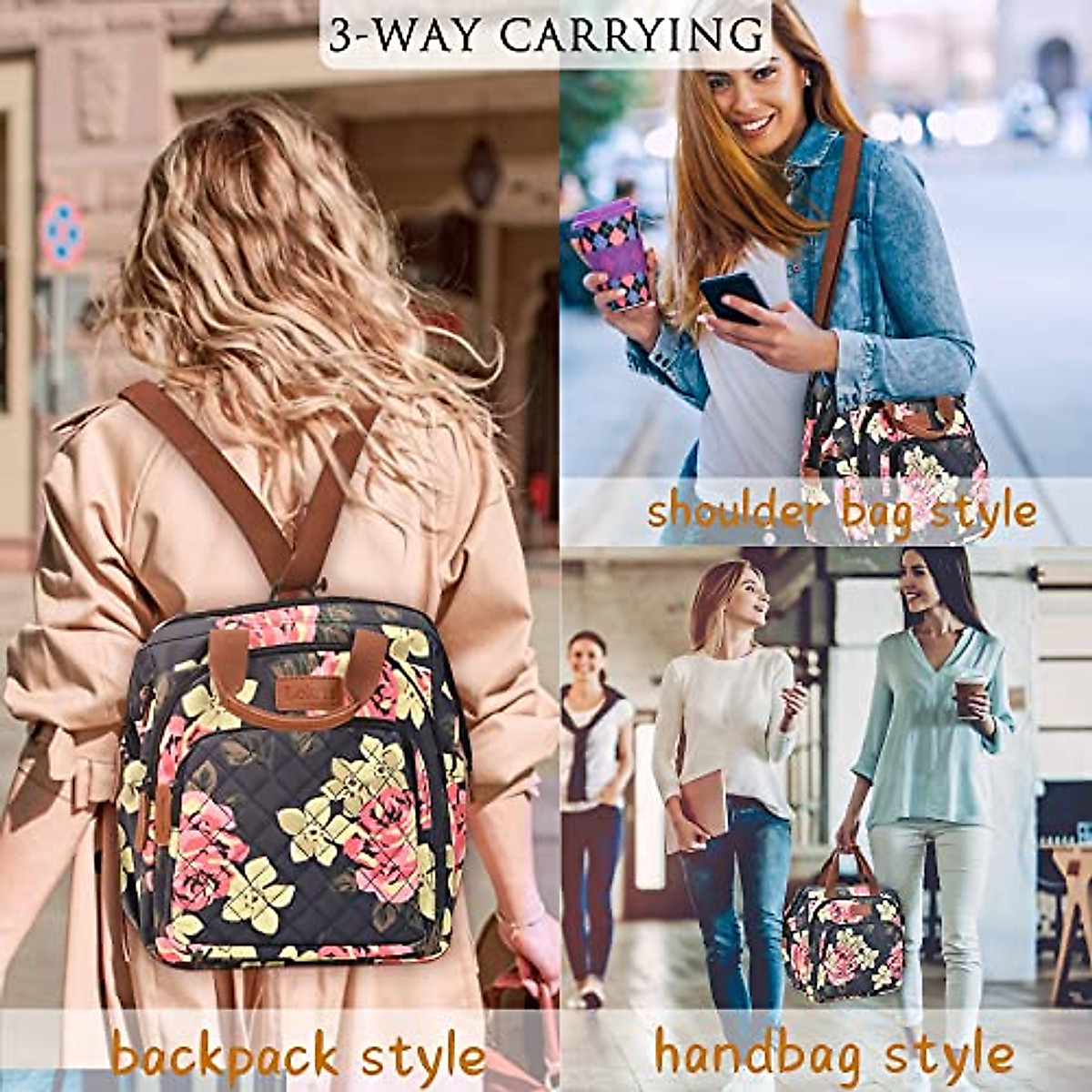 LOKASS Lunch Bag Convertible 3 in 1 Lunch Box Insulated Lunch Backpack Tote Cooler Box Large Capacity Food&Drink Container with Detachable Strap for Women office Beach (Peony)