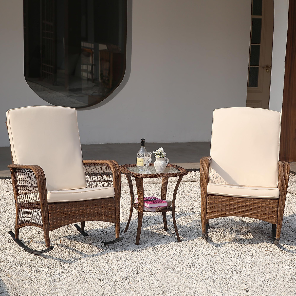 GS CHIER 3 Pieces Outdoor Rocking Chair Set, Outdoor Rocking Chairs, Patio Furniture Sets with Cushion and Side Table, Wicker Bistro Set for Deck Garden Poolside