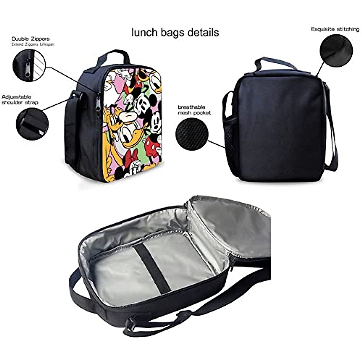 Funny Mic.key Mouse Teens Backpack 3Pcs Travel Laptop Schoolbag Sets Daypack with Lunch Box And Pencil Case for Boys Girls Gifts