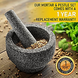 Granite Mortar and Pestle Set - Large 2 Cup Stone Grinder Guacamole Bowl and 6 Inch Pestle - Perfect for Crushing and Grinding Herbs and Spices to Maximize Flavor - Includes Silicone Covers