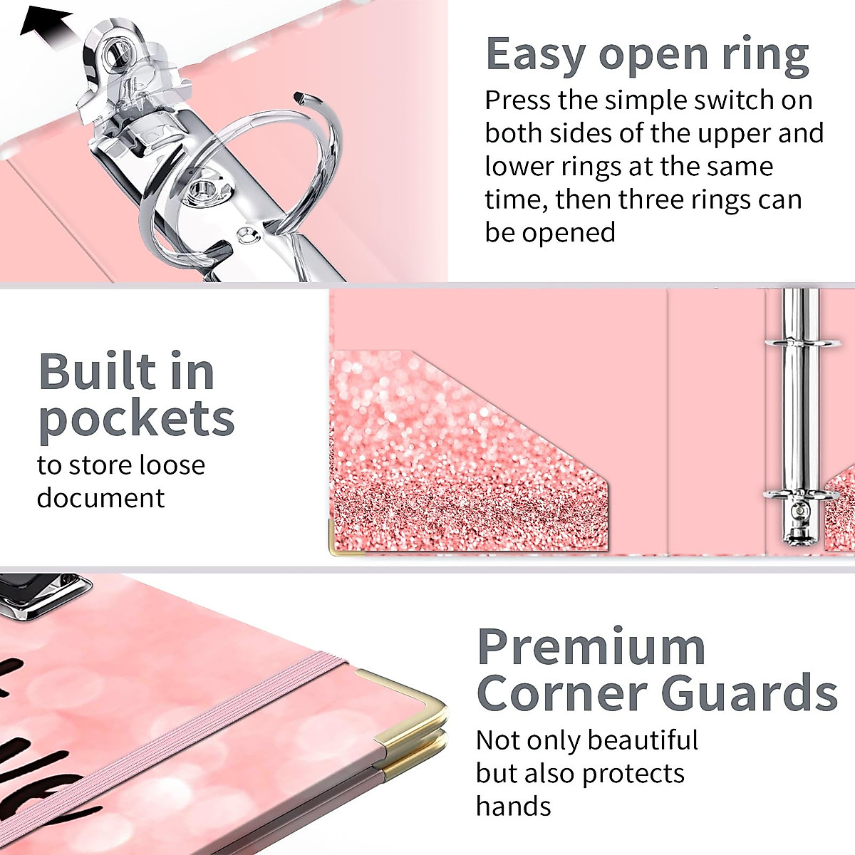 Lateefah 3 Ring Binder, 2 Inch Binder Organizer for Letter Size(8.5'' x 11'') with 5-Tab Dividers and Pockets, Portfolio Binder Cute Binder with Low Profile Clipboard for Office, School Supplies