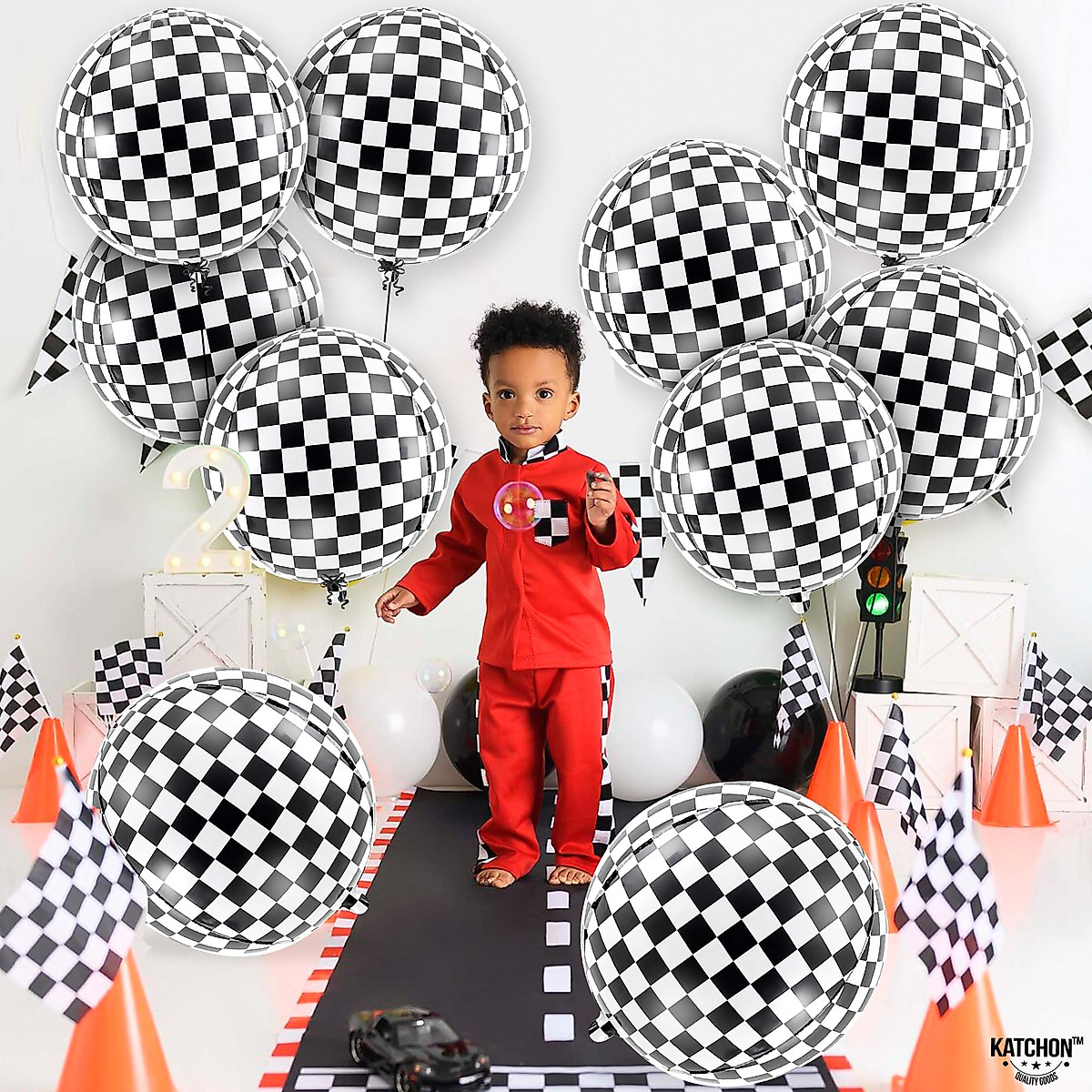 KatchOn, Black and White Checkered Balloons - 22 Inch, Pack of 12 | 4D Race Car Balloons for Emo Party Decorations | Checkered Flag Balloons, Checker Balloons for One Happy Dude Birthday Decorations