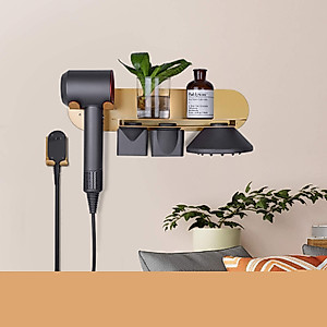 FLE Hair Dryer Holder Wall Mounted with Shelf, Gold Wall Mount Hair Dryer Holder Rack Organizer Compatible for Dyson Supersonic Hair Dryer,Diffuser, Two Nozzles,Power Plug…