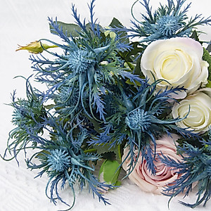 LUZOGA 3 Branch Blue Artificial Thistle Flower Bouquet for Home Wedding Centerpiece Kitchen Office Garden Decor