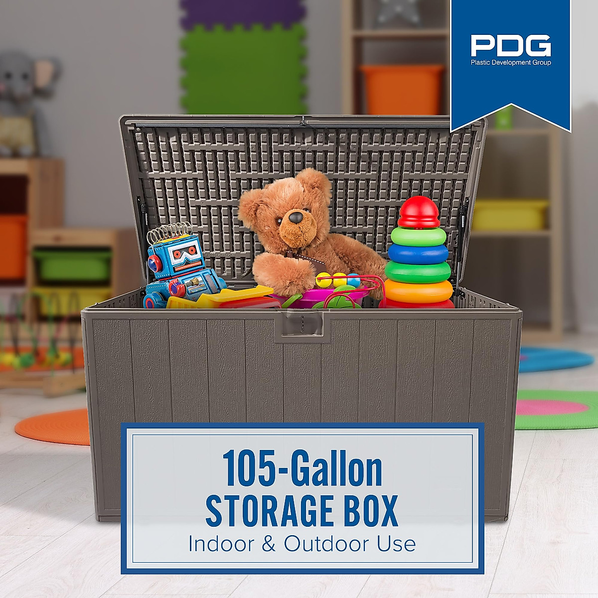 Plastic Development Group 105 Gallon Weatherproof Large Double Wall Plastic Outdoor Patio Storage Deck Box with Soft Close Lid, Java Brown