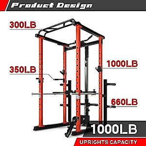 RitFit Power Cage with LAT Pull Down and 360° Landmine, 1000LB Capacity Power Rack Full Home Gym for Weightlifting, Come with J-Cups,Dip Bars and Other Attachments (2023 Version PPC02)-Orange