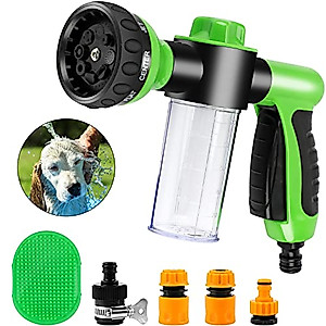 GINDOOR 6 Pieces Pet Bathing Tool Set Include Hose Spray Nozzle Livestock Foamer Soap Dispenser with Connectors and Dog Rubber Comb Brush, Dog Bathing Sprayer for Pets Showering …