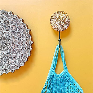 Mandala Life ART Boho Chic Decorative Wall Hook - Pack of 3 - Natural Raw Mango Wood - Hand Curved Wooden Stamp with Metal Hook for Coats,Towels, Keys,Clothes - Jewelry Hanger
