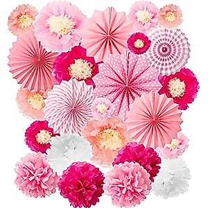 24 Pieces Paper Fans Decoration Set, Including 12 Tissue Paper Flowers, 6 Pink Hanging Paper Fans Garlands Decoration, 6 Paper Poms Ball Decoration Flowers Craft Kit for Wedding, Birthday, Baby Shower