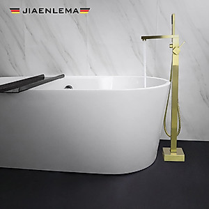 Freestanding Bathtub Faucet Brushed Gold Floor Mount Tub Faucet with Handheld Shower Free Standing Tub Filler with Hand Sprayer Bathroom Single Handle Brass Floor Faucet High Flow Mixer Tap JIAENLEMA