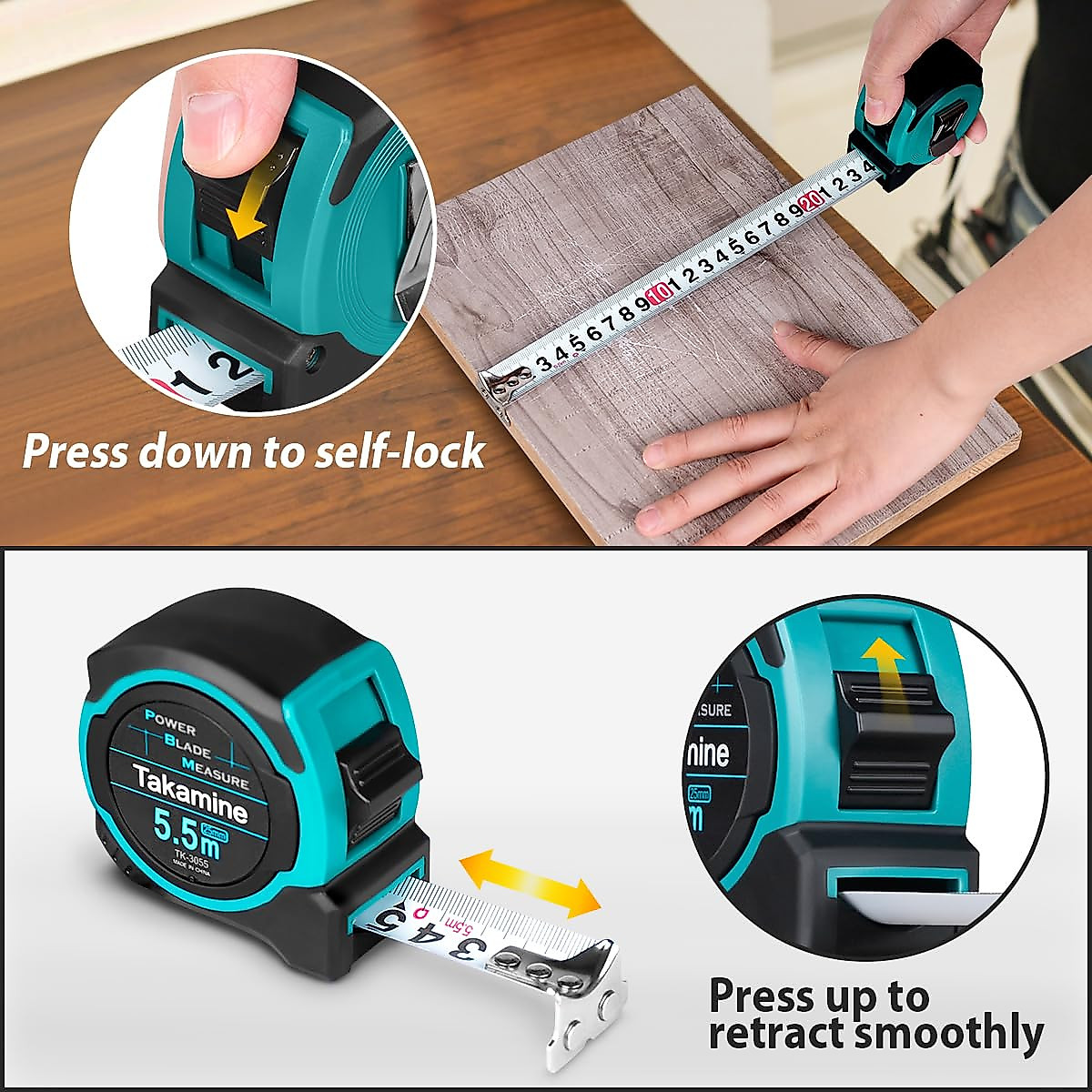 Takamine Professional Tape Measure with Magnetic Hook, Self-Lock,5.5m Power Blade Measure,Retractable Measuring Tape,Easy to Read for Craftman,Engineers