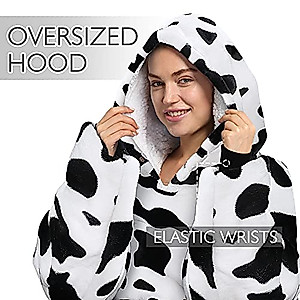 Catalonia Cow Print Oversized Blanket Hoodie Sweatshirt, Wearable Sherpa Blanket Pullover, Soft Warm Comfortable Portable Travel Sweater Pillow for Adults Men Women, Gift for Her