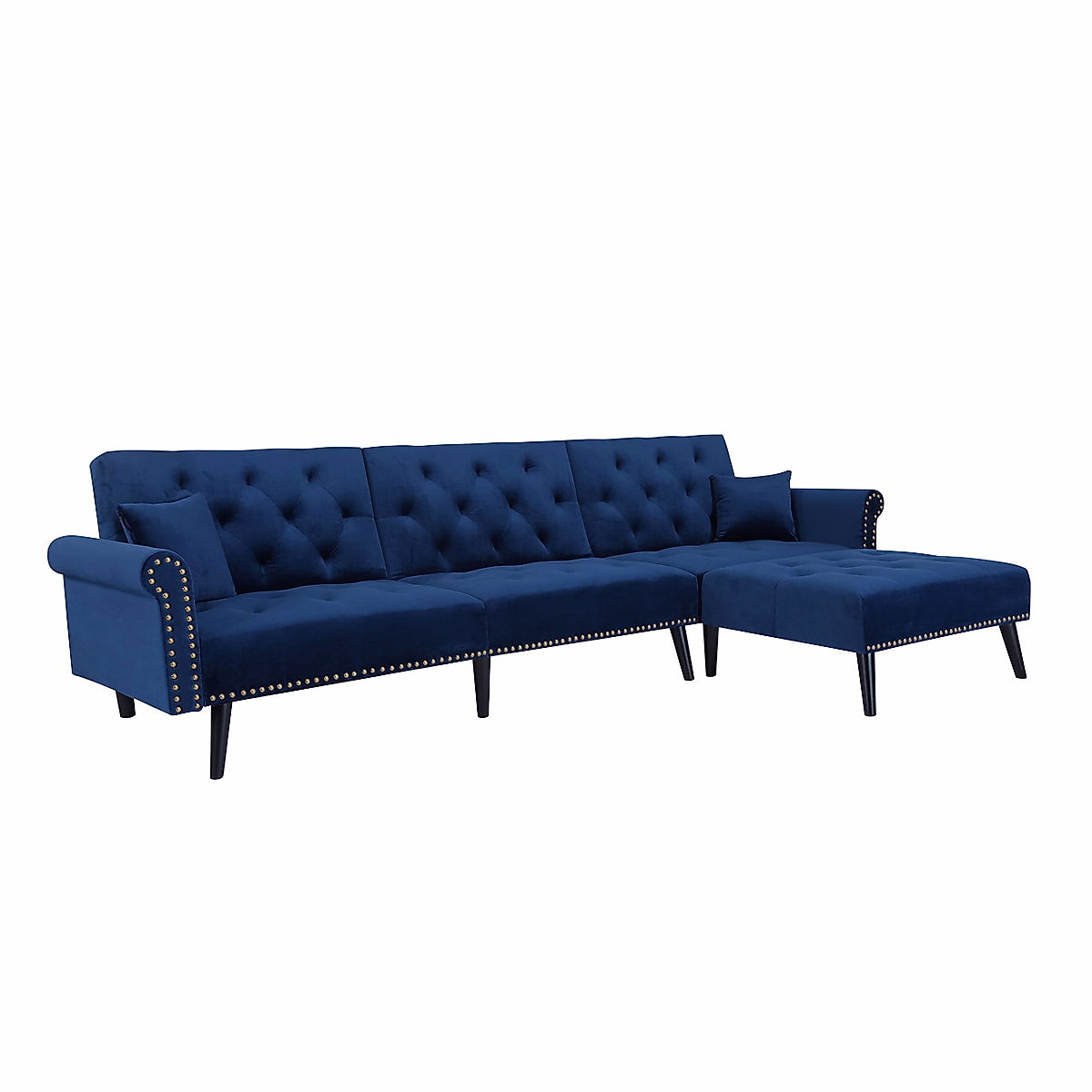 KoiHome Sectional Sofa Right Hand Facing Velvet Button Tufted, L Shape Chaise with Nail Head Detail, Conical Wood Leg, 2 Pillows, Modern & Elegant, Home Furniture for Living Room,Office, Blue