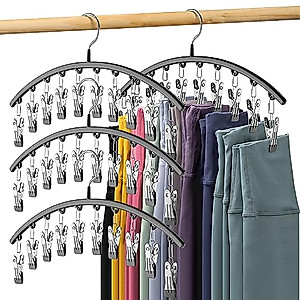 Volnamal Legging Organizer for Closet, Metal Yoga Pants Hangers 4 Pack w/10 Clips Holds 20 Leggings, Hangers Space Saving Hanging Closet Organizer w/Rubber Coated Closet Organizers and Storage, Black