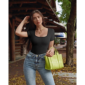 OQQ Women's 2 Piece Bodysuits Sexy Ribbed One Piece Square Neck Short Sleeve Bodysuits Black White