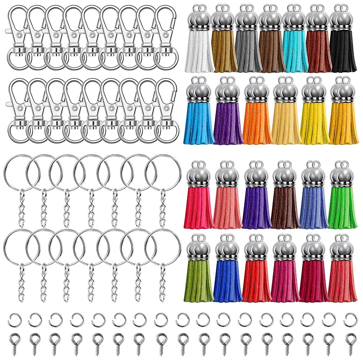Keychain Tassles, Cridoz 300pcs Bulk Keychains Ring Set Includes 50pcs Tassels for Crafts, 50pcs Keychain Clips, 50pcs Key Chain Rings, 100pcs Jump Ring and 50pcs Screw Eye Pins for DIY Keychain