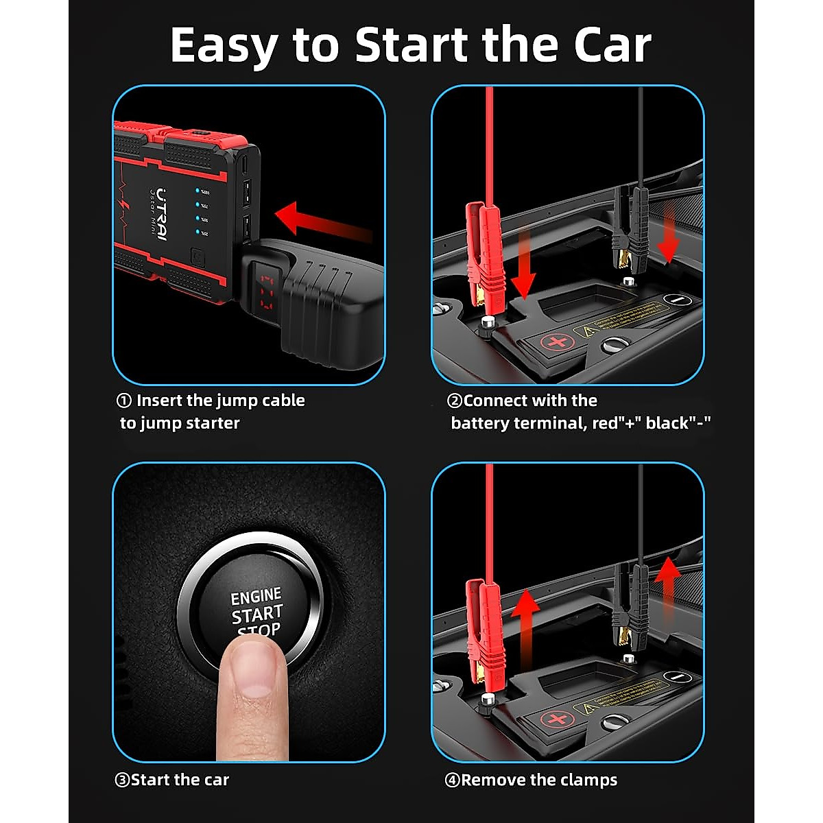 UTRAI Portable Car Jump Starter,1000A Peak 13800mAh Car Battery Jump Starter Pack JS-Mini （Up to 7.5L Gas and 5.5L Diesel Engine）,12V Auto Battery Booster,Lithium Jump Box with LED Light/USB QC3.0