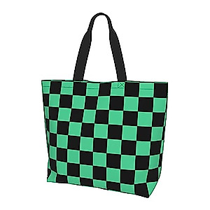 TWKGBUAD Classic Green and Black Plaid Print Reusable Shoulder Shopping Bag - Large Capacity Tote Bag with Inner Pocket for Women Men