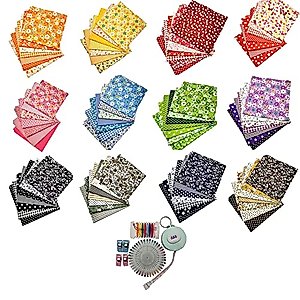 84Pcs No Repeat Design Squares Quilting Fabric Bundles, 9.8"x9.8"(25x25cm) Cotton Printed Floral Craft Fabric, Precut Multi-Color for Patchwork DIY Craft Sewingtape Measure (Heather Color)