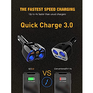 Car Charger, 150W 2-Socket Cigarette Lighter Splitter QC 3.0 Dual USB Ports 1 USB C Fast Car Adapter with Separate Switch LED Voltmeter Replaceable 15A Fuse for GPS/Dash Cam/Phone/iPad