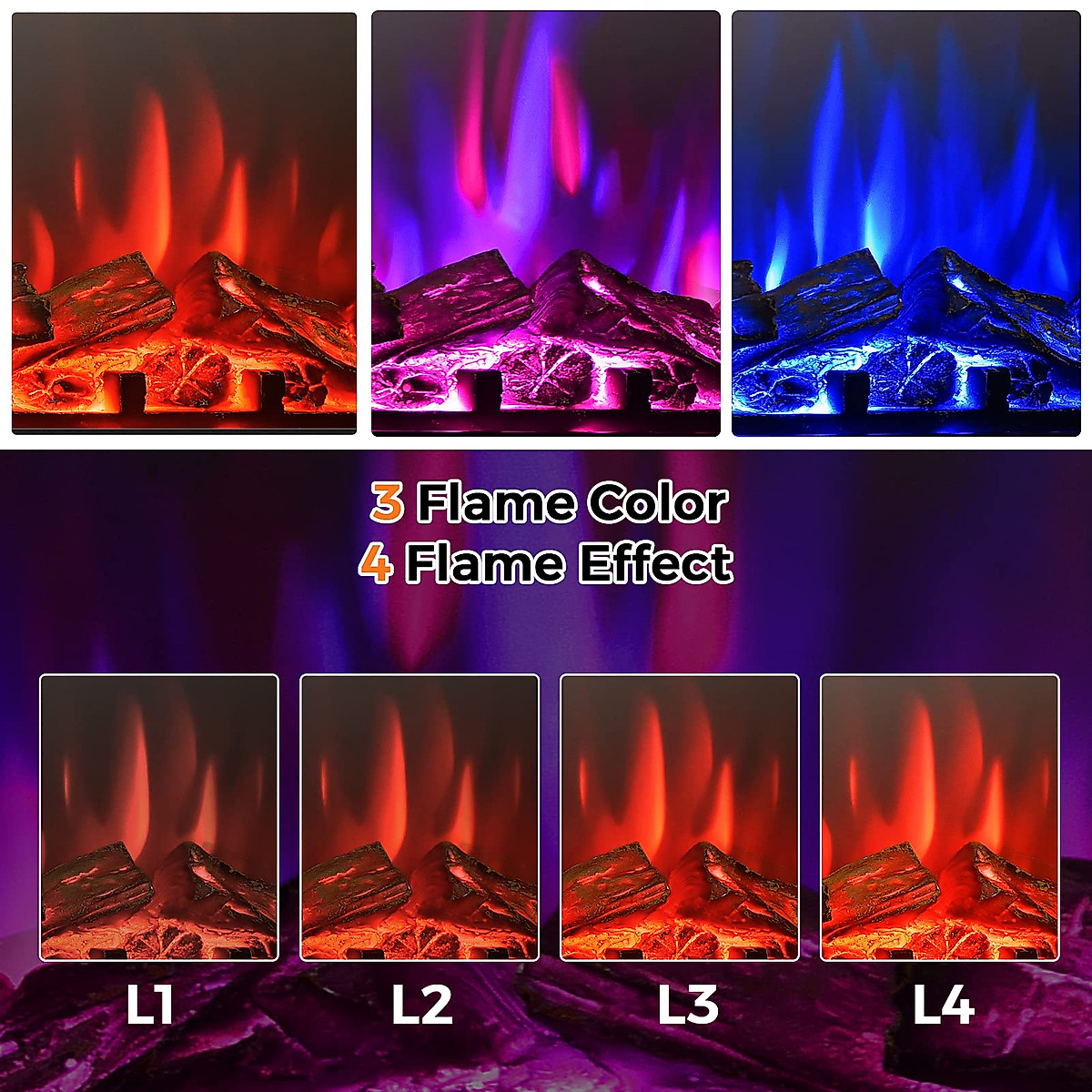 SIMOE 28 Inch Electric Fireplace Inserts, 900/1350W Wall-recessed & Freestanding Fireplace Heater with 3D Flame Colors and 4 Adjustable Brightness, 0-6H Timer, Remote Control, LED Display Fireplace