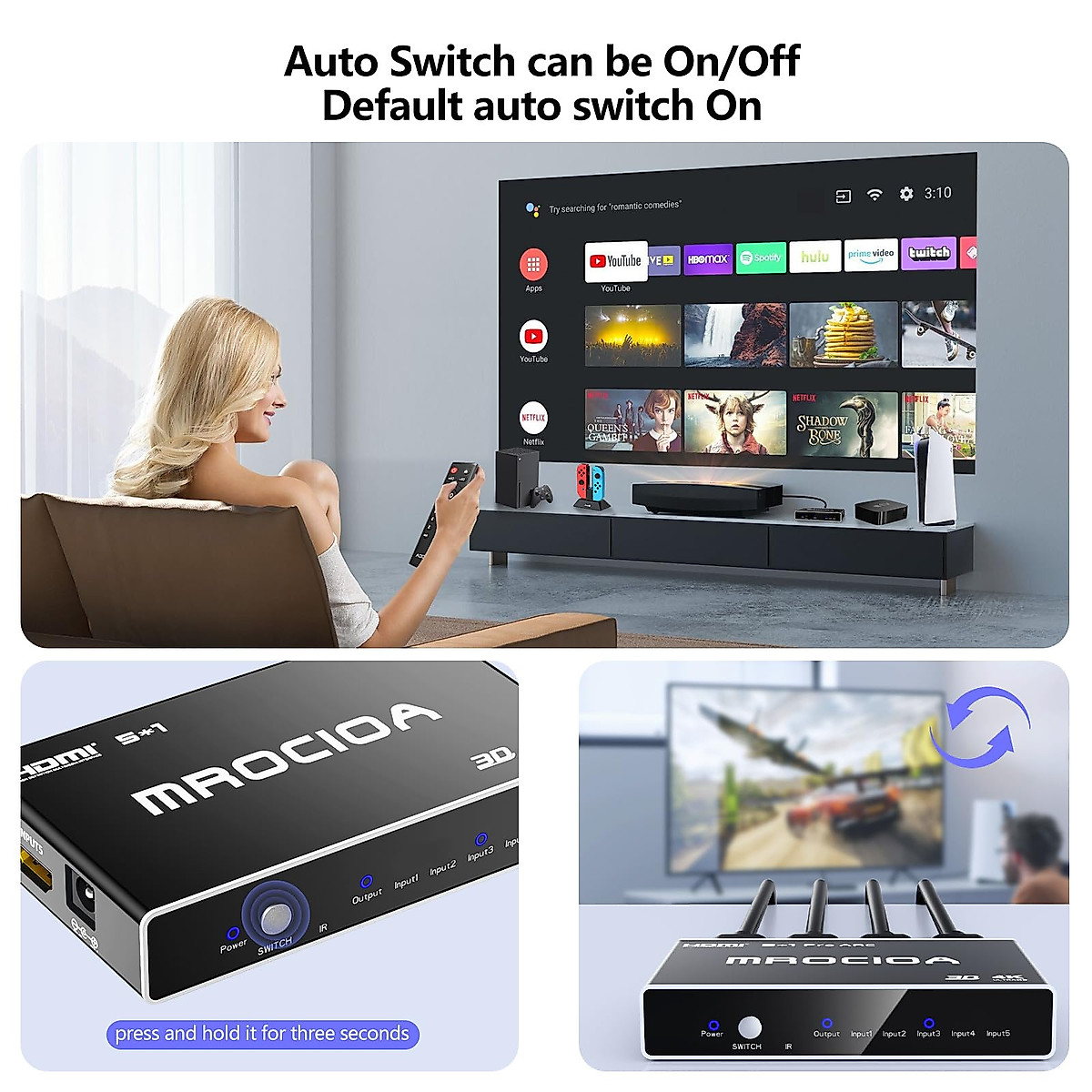 HDMI Switch 4K Switcher Splitter 5 Port in 1 Out Remote 2160P 1080P. Support PS5/ PS4 / PS3/ Xbox Series X/Xbox ONE X(S)/ Xbox/Apple TV 4K/ FIRE TV 4K/ Nintendo Switch/DVD Blure ray/Laptop/PC.