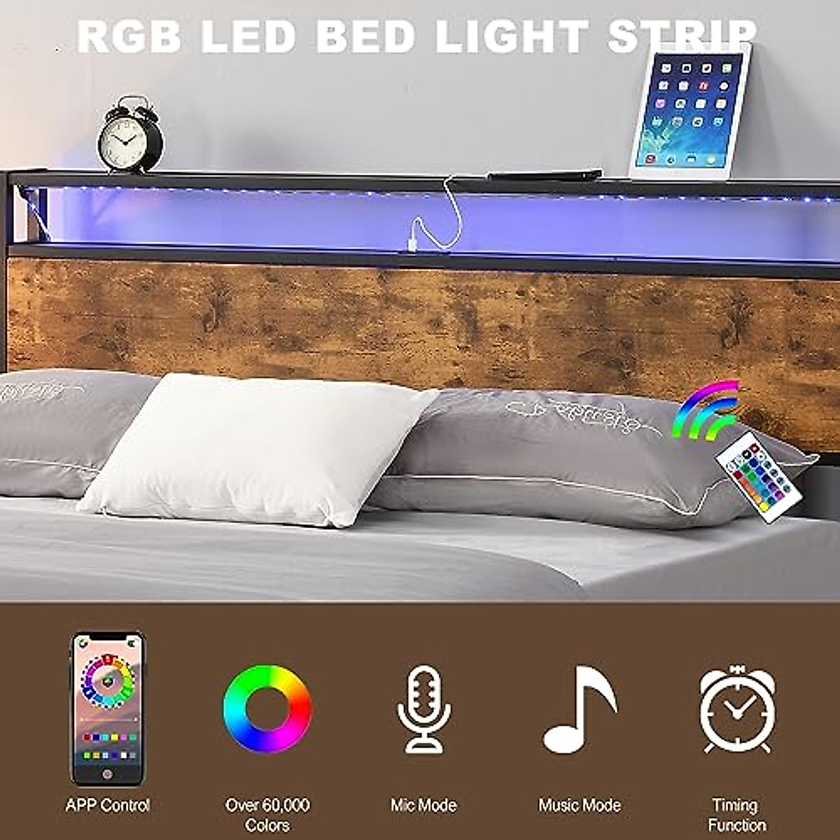Modern Industrial Queen Bed Frame with LED Lights and 2 USB Ports, Metal Platform Bed Frame Queen Size with Storage, Noise Free, No Box Spring Needed, Strong Steel Slats Support, Rustic Brown (Queen)