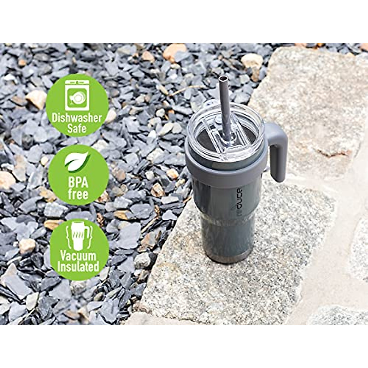 Reduce 24 oz Tumbler with Handle and Straw - Stainless Steel with Sip-It-Your-Way Lid - Keeps Drinks Cold up to 24 Hours - Sweat Proof, Dishwasher Safe, BPA Free - Glacier, Opaque Gloss