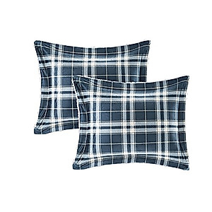 Comfort Spaces Aaron Sherpa Comforter and Throw Combo Set, Ultra Softy Fluffy Warm Checker Plaid Pattern Cold Weather Bedding, Full/Queen, Navy,CS10-0409