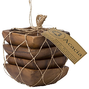 Glaver's Natural Acacia Wooden Bowls Hand-Carved Calabash Dip Tray Bowl S/4 Ideal for Appetizers, Dips, Sauce, Nuts, Candy, Olives, Seeds, Desserts and More. (Square)