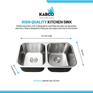 KABCO 32 Inch Stainless Steel Double Equal Bowl Classic Kitchen Sink, Extra Thick 16 Gauge Undermount Rust, Sound and Heatproof Sink with Sink Strainer and Removable Garbage Basket
