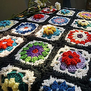 Handmade Crochet Throw Blanket Granny Blanket Sweater Style Year Round Gift Indoor Outdoor Travel Accent Throw for Sofa Comforter Couch Bed Recliner Living Room Bedroom Decor 47" x31" (Black)