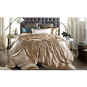 Orose 4Pcs 25MM Silk Duvet Cover Set 100% Seamless Silk Sheets Charmeuse Mulberry Silk Bedding Sheet Set (Bright Coffee, King)