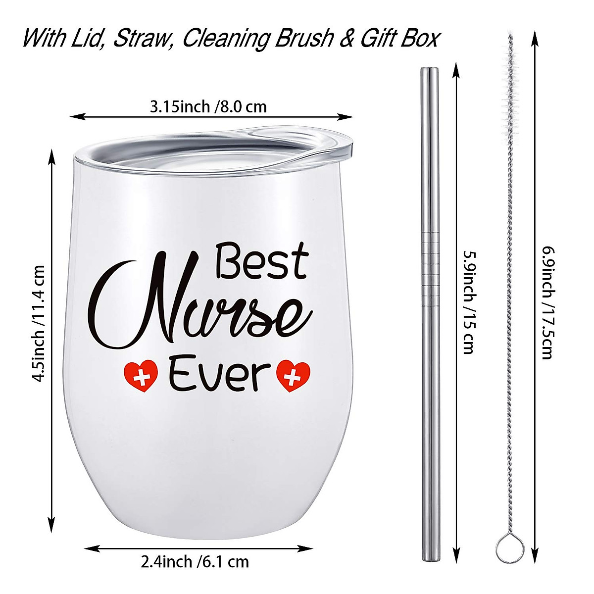 Nurse Gifts for Women, Best Nurse Ever, Thanksgiving Christmas Birthday, 12 oz Stainless Steel Nurse Travel Wine Tumbler with Lid, Straw and Gift Box