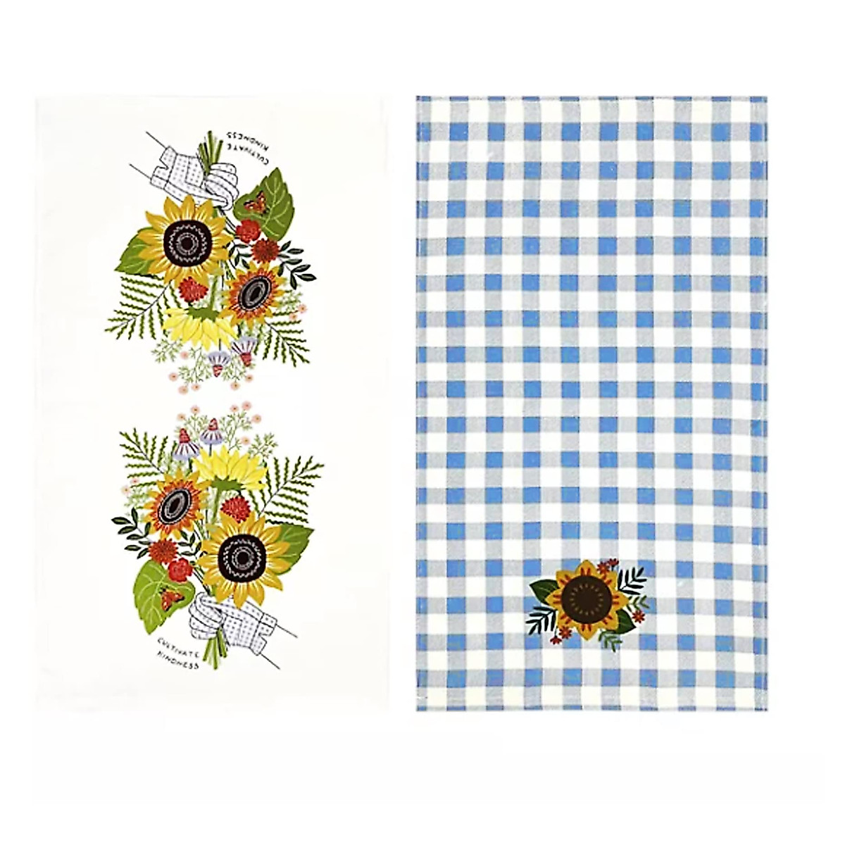 Celebrate Kitchen Towel Set of 2, Sunflowers Blue and White Buffalo Plaid Dishtowels