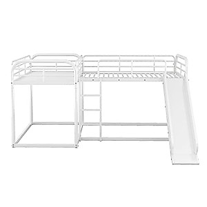 WOXYX Full and Twin Size L-Shaped Bunk Bed,Metal 4 Beds Frame with Slide and Short Ladder,Black