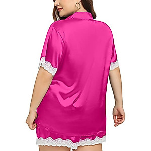 SWOMOG Plus Size Satin Pajama Set for Women Silk Satin Pj Set Short Sleeve Button Down Loungewear 2 Pcs Soft Lace Trim Nightwear Rose Red