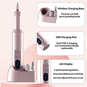 Ftrule Cordless Electric Nail Drill, Portable Professional Rechargeable Efile Nail File Machine with Nail Drill Bits, Sanding Bands for Acrylic Gel Nails, Manicure Pedicure Polishing, Pink