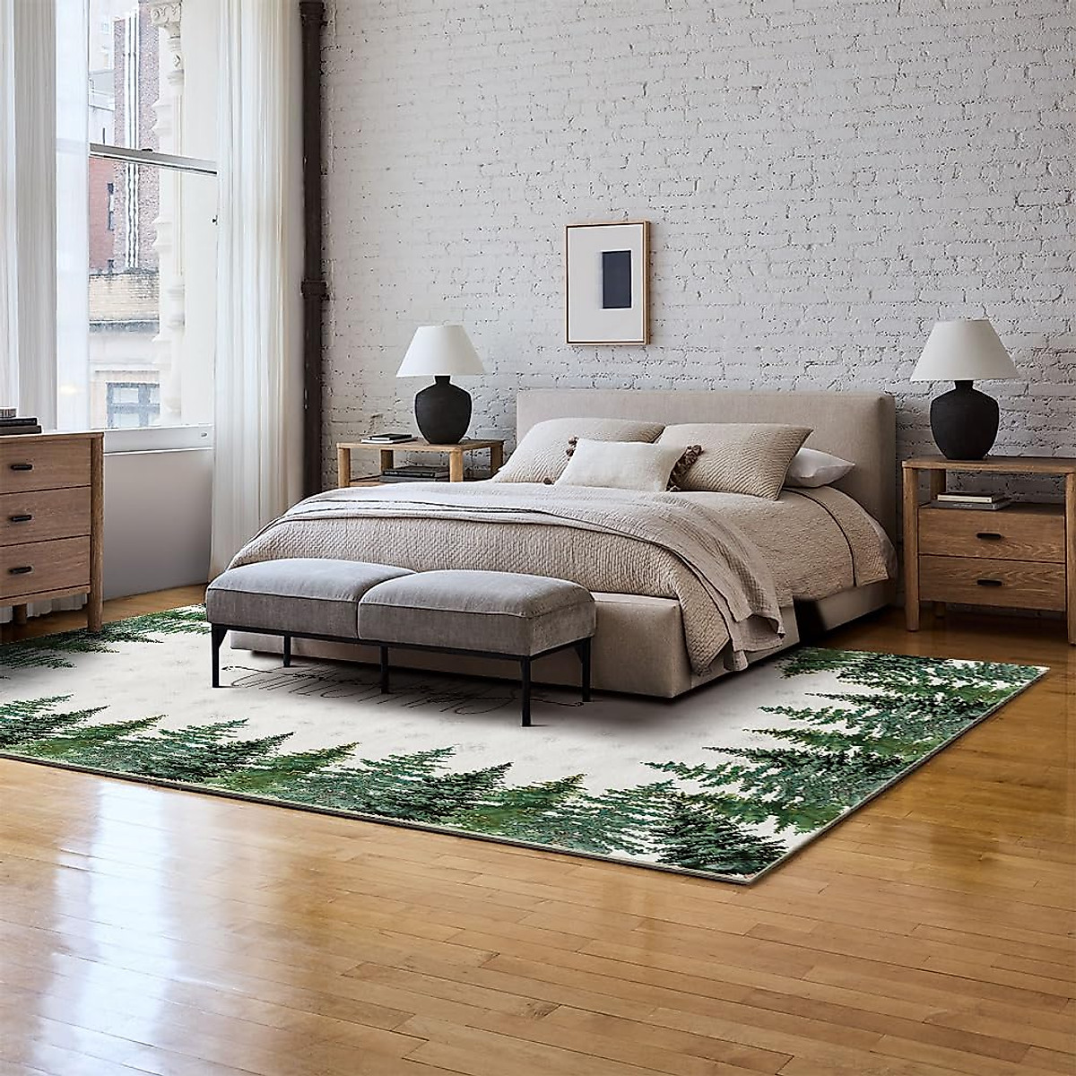 Artoid Mode Green Pine Tree Merry Christmas Area Rug, Xmas Winter Home Decor Low-Profile Washable Area Rugs for Entryway Bedroom Living Room Laundry Room Indoor 5x7 Feet