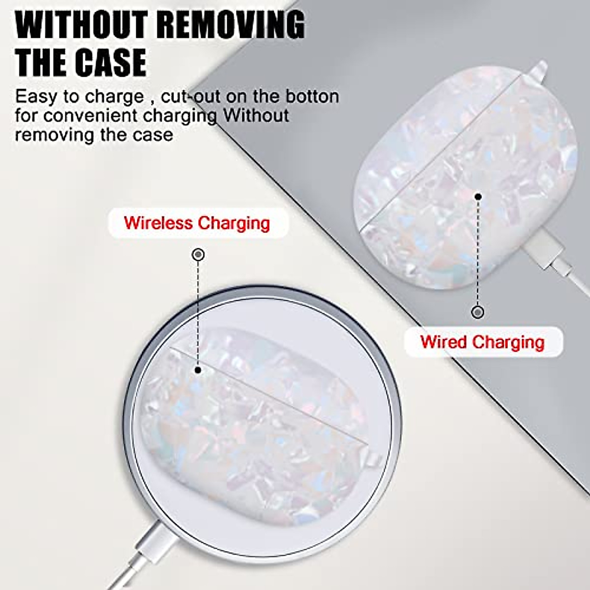 Glitter Marble Shell Design for Beats Studio Buds (2021) with Pearl Wrist Chain Keychain for Women Girls,Colorful Sparkle Bling Cute Beats Studio Buds Protective Skin Cover Soft TPU Shock Proof-White