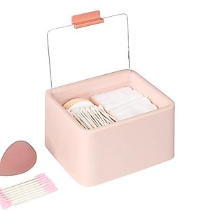 LiangTing 2 Grids Separate Cotton Swabs Dispenser Organizer Canisters,Transparent dust-proof desktop cotton swab box with cover,Dresser makeup remover cotton storage box for Cotton Balls, Cotton Pads.