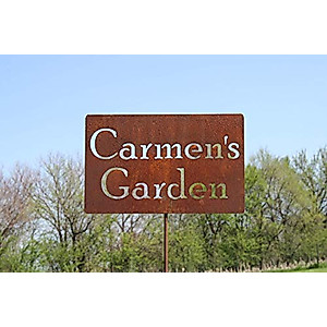 Custom Metal Garden Stake and Pet Memorial Signs Wall Art or Staked Options 20 to 33 Inches Tall Rusted or Powder Coated Finish (Rectangle Sign Plus Stake, 8x5 Inches)