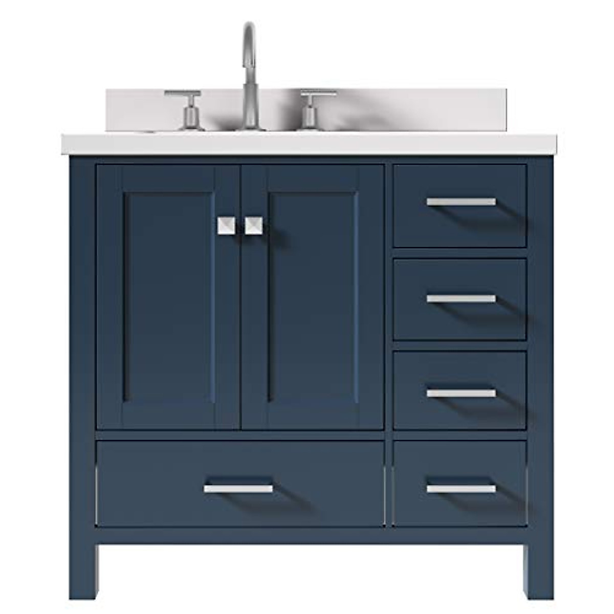 ARIEL 37" Midnight Blue Bathroom Vanity with 1.5" Edge Pure White Quartz Countertop & Backsplash, Left Rectangular Sink, 2 Soft Closing Doors, 5 Full Extension Dovetail Drawers, Satin Nickel