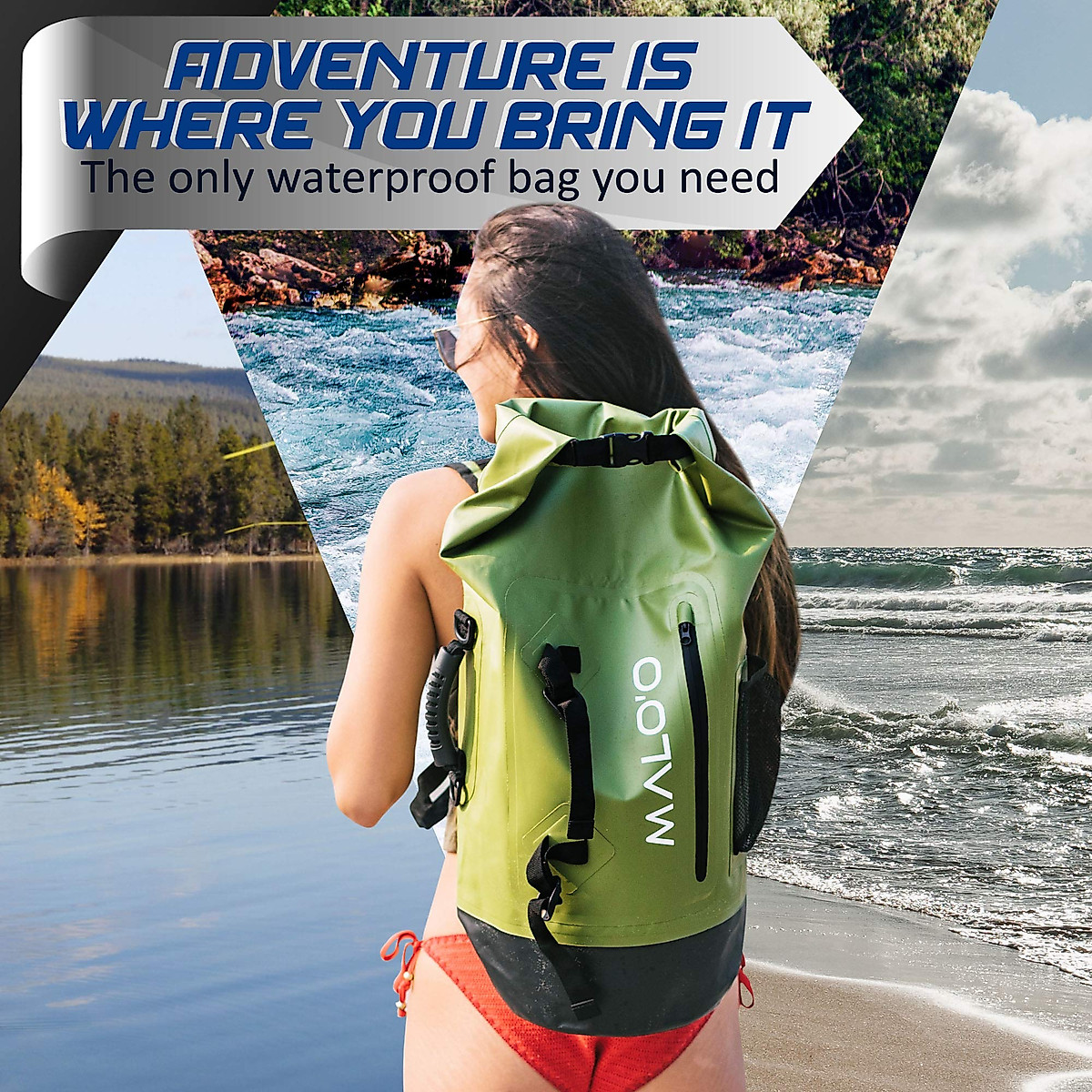 Malo'o 45L Waterproof Heavy Duty Backpack Dry Bags for Kayaking, Camping, Fishing, Hiking Daypack - Beach Accessories, Boat accessories, and Travel Gear - Fishing Rod Case Straps